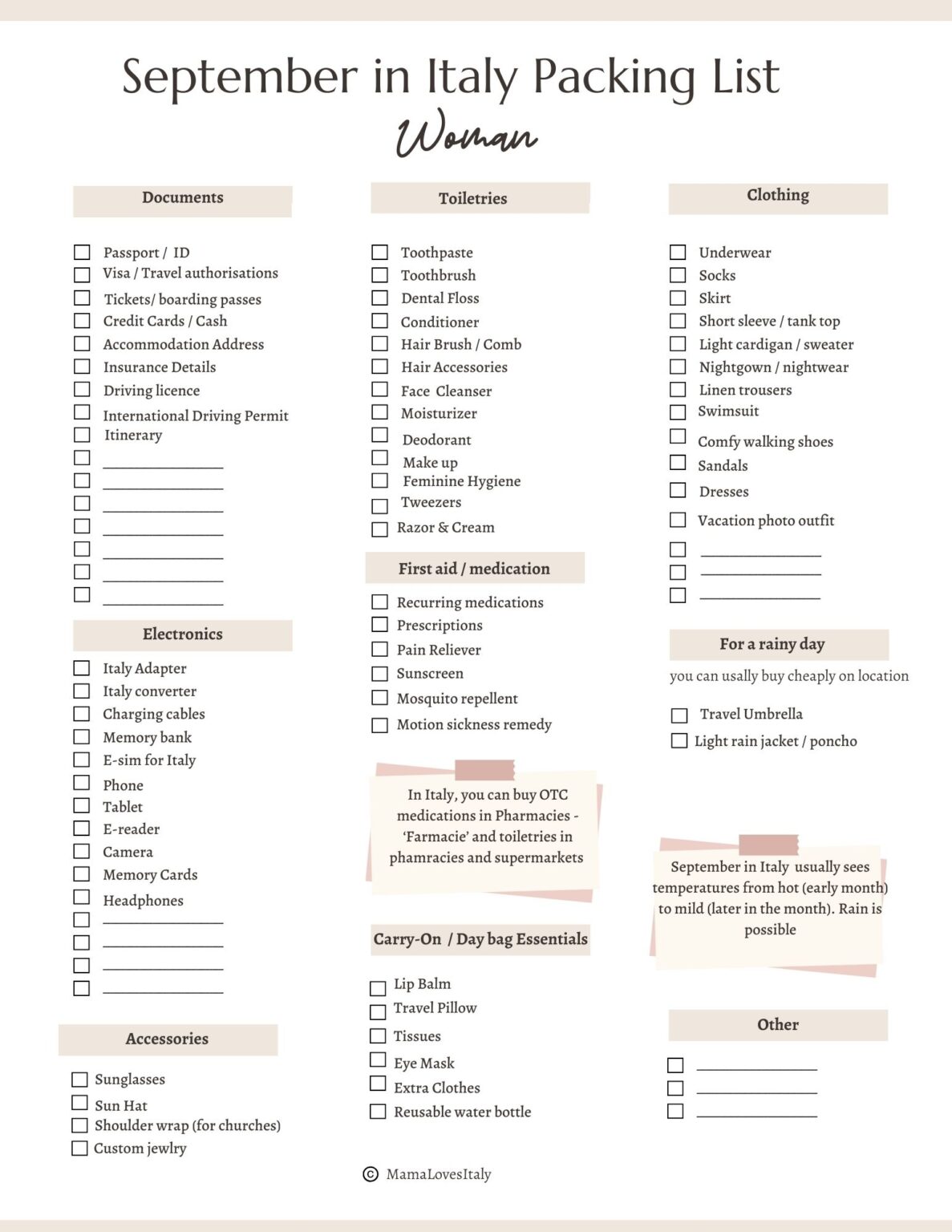 What to pack for Italy in September: get the free printable packing ...